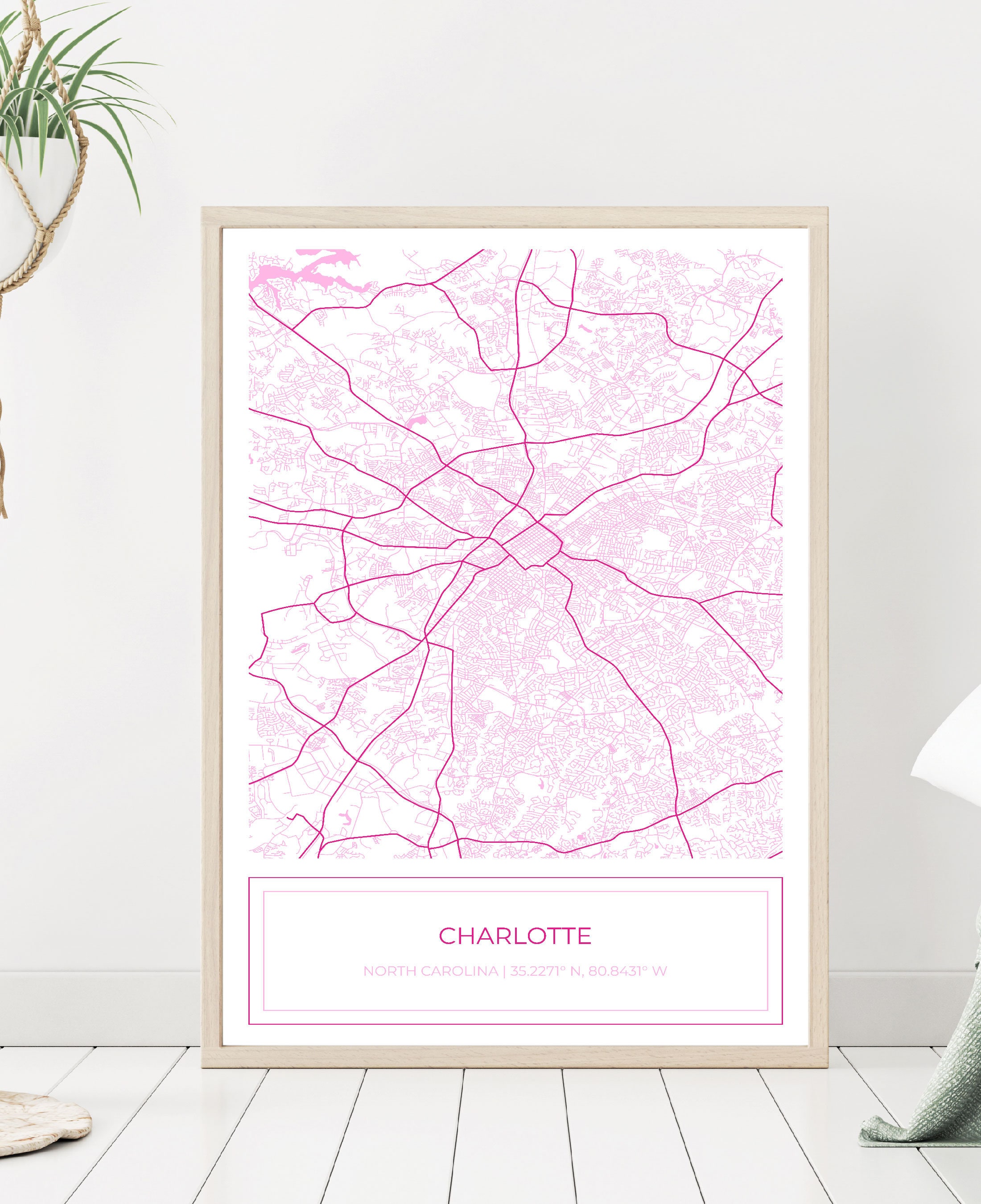 Charlotte Map, Map of Charlotte, Pink Charlotte Map, Poster, Map of ...