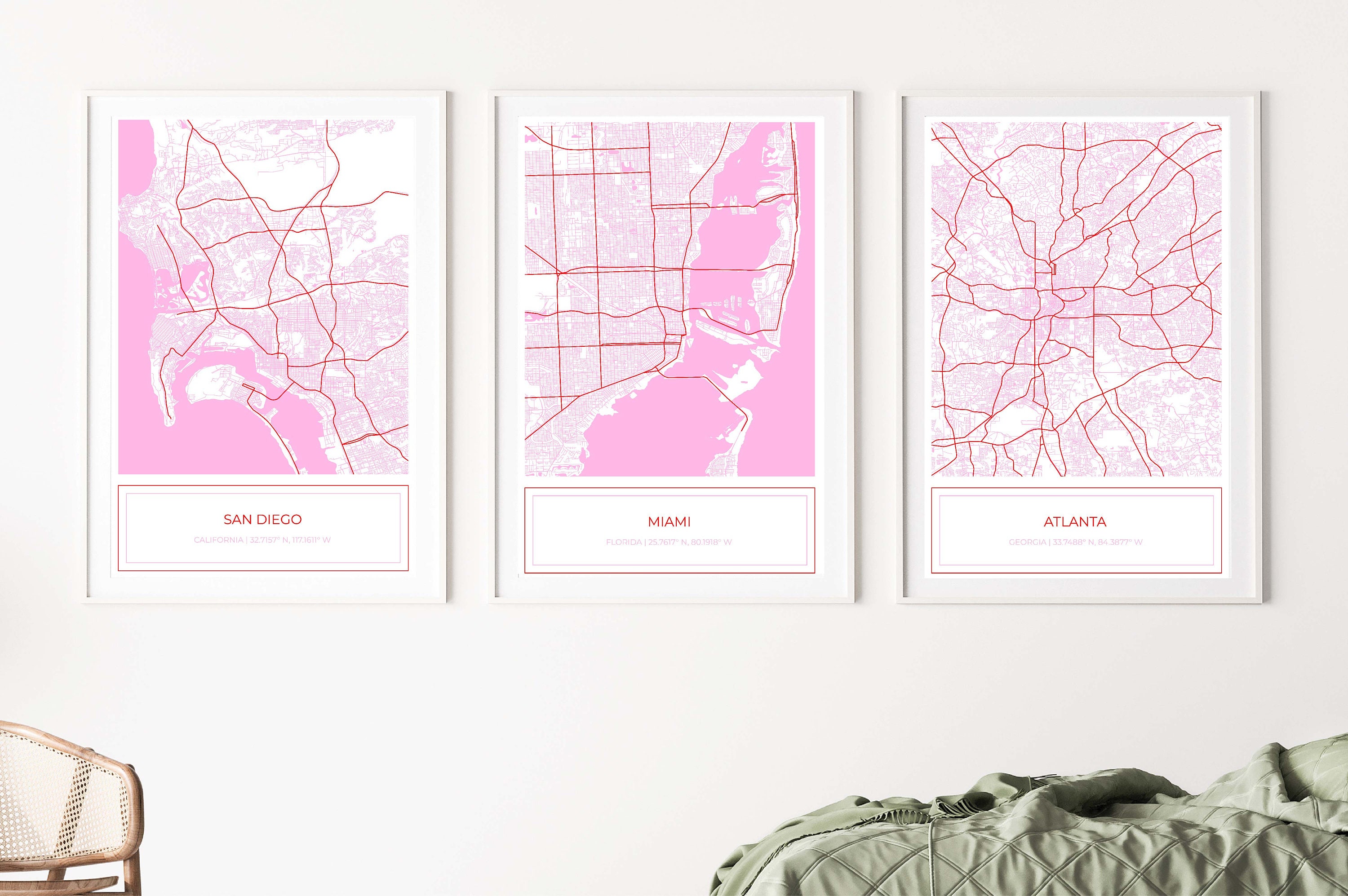 San Diego Map, Map of San Diego, Pink San Diego Map, San Diego Poster ...