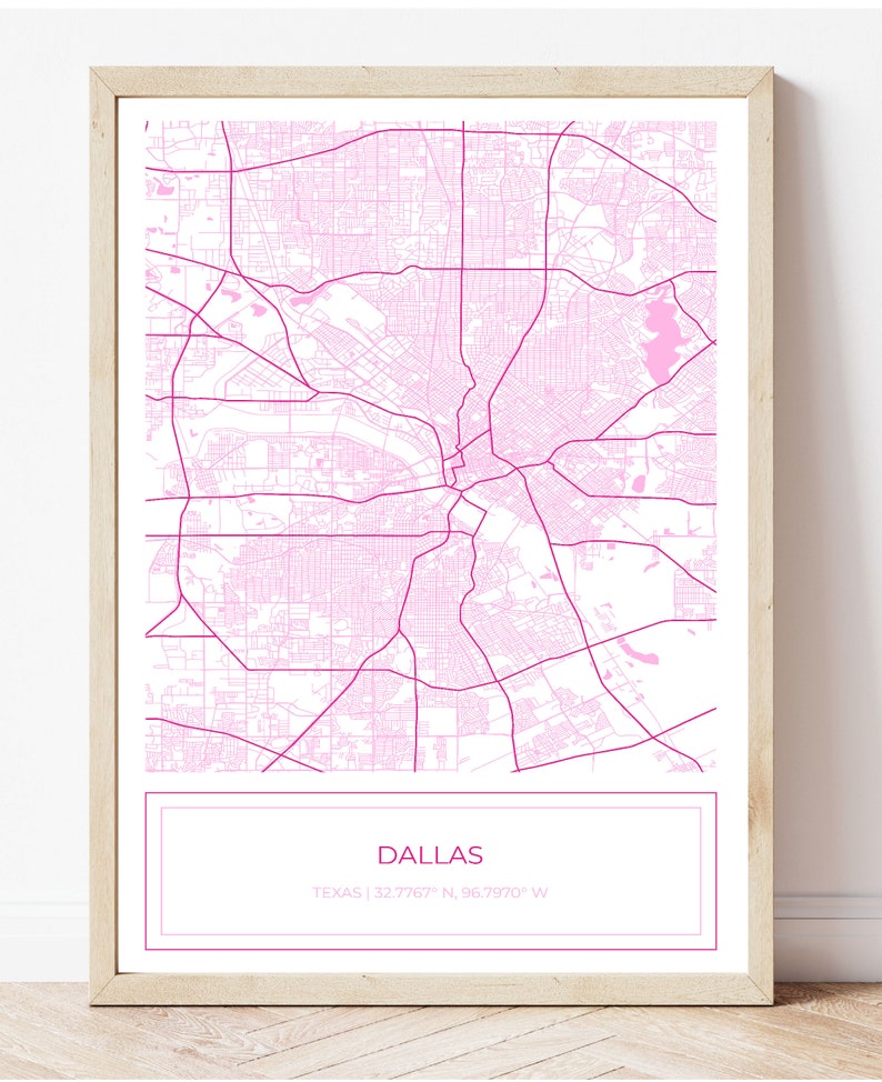 Dallas Map, Map of Dallas, Pink Dallas Map, Dallas Poster, Map of ...