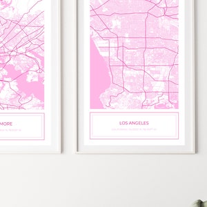 Los Angeles Map, Map of Los Angeles, Pink Los Angeles Map, Poster, City ...