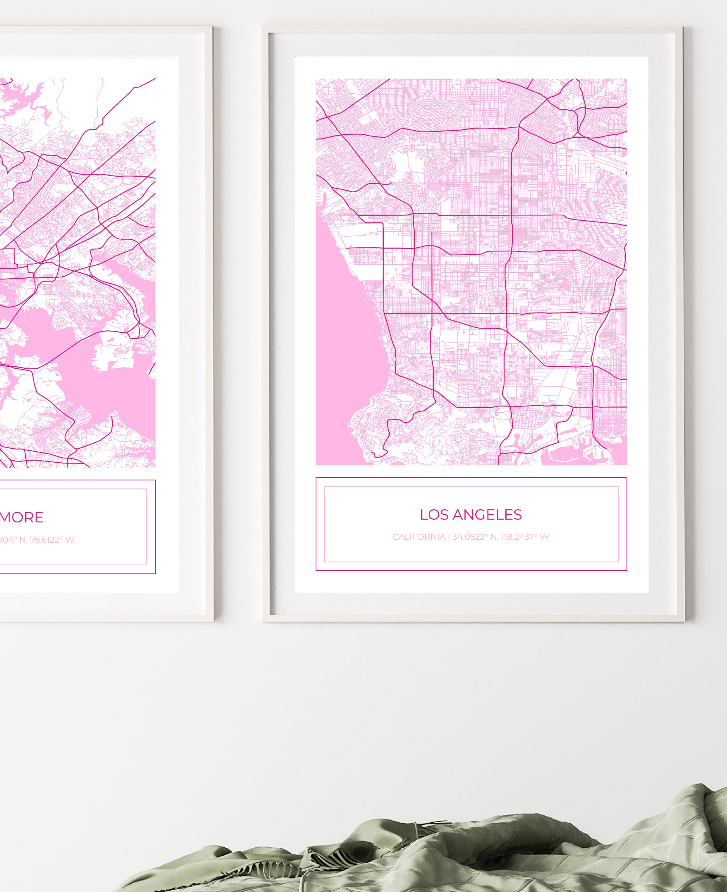 Los Angeles Map, Map of Los Angeles, Pink Los Angeles Map, Poster, City ...
