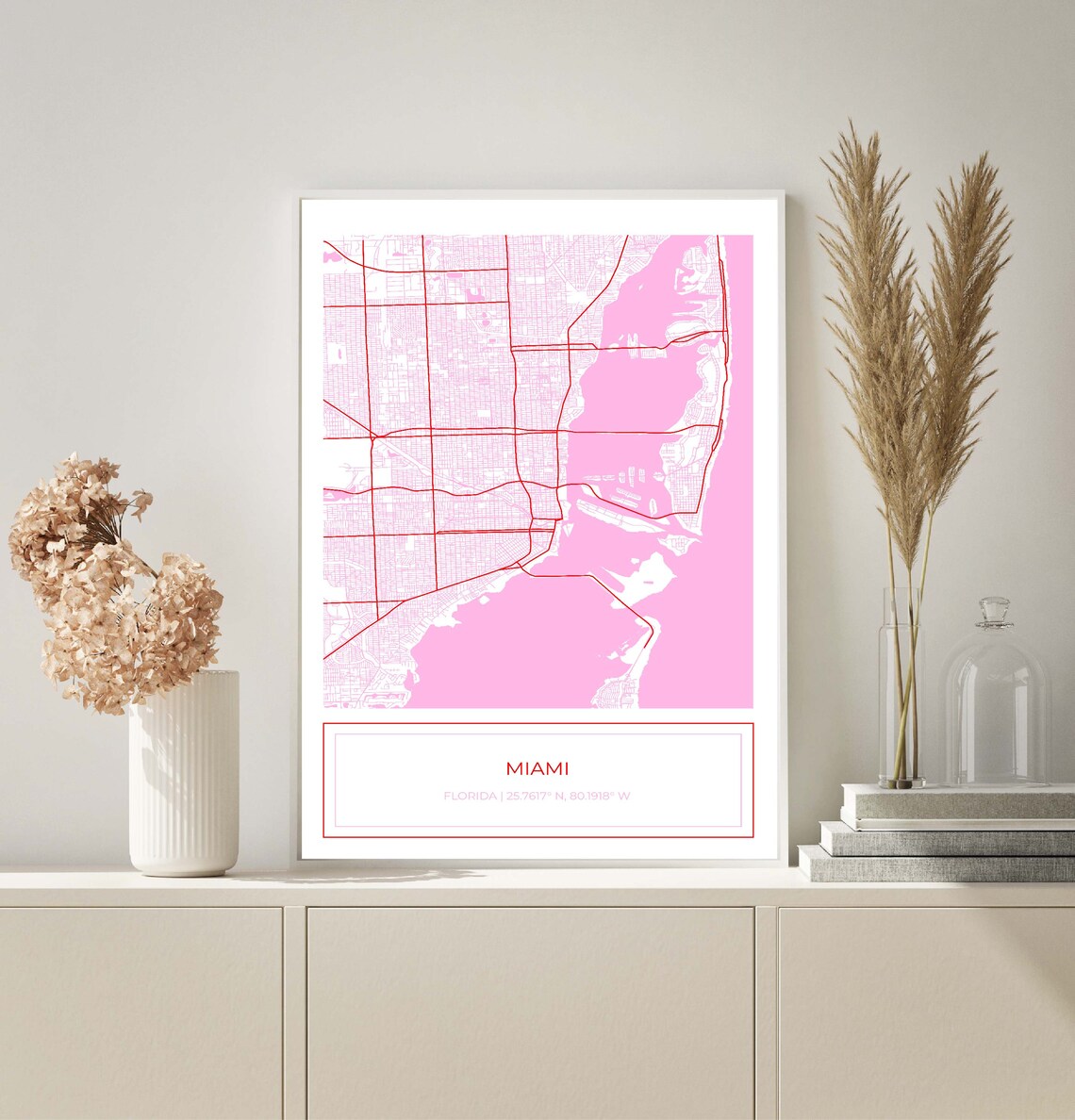 Miami Map, Map of Miami, Pink Miami Map, Miami Poster, Map of Miami ...