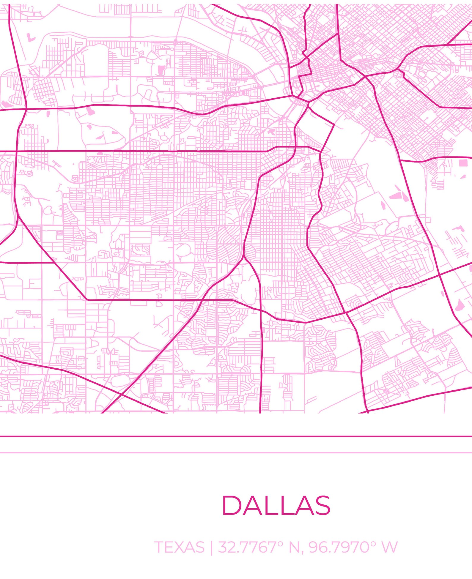 Dallas Map, Map of Dallas, Pink Dallas Map, Dallas Poster, Map of ...