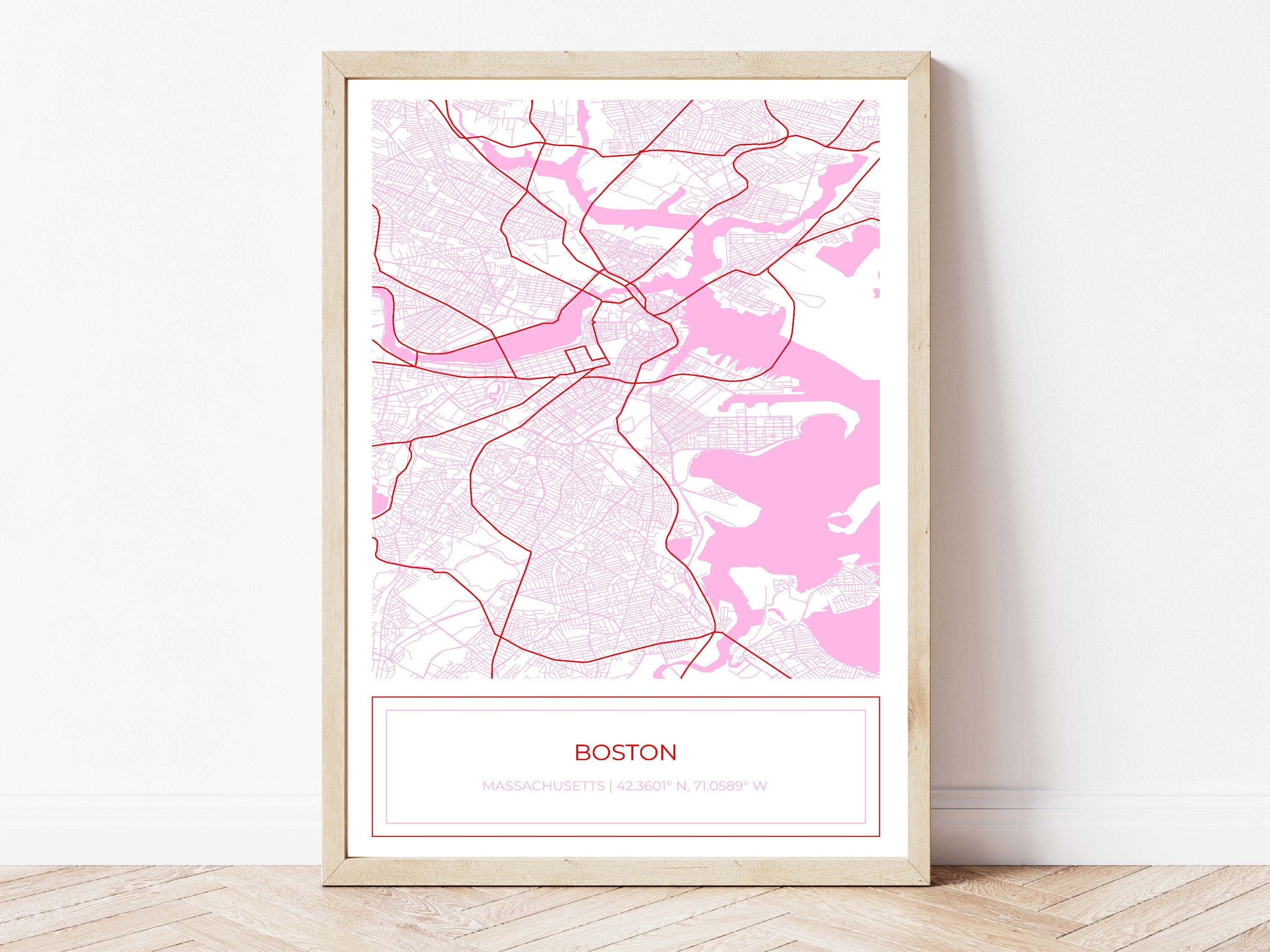Mapa de Boston, Mapa de Boston, Mapa rosa de Boston, Cartel de Boston ...