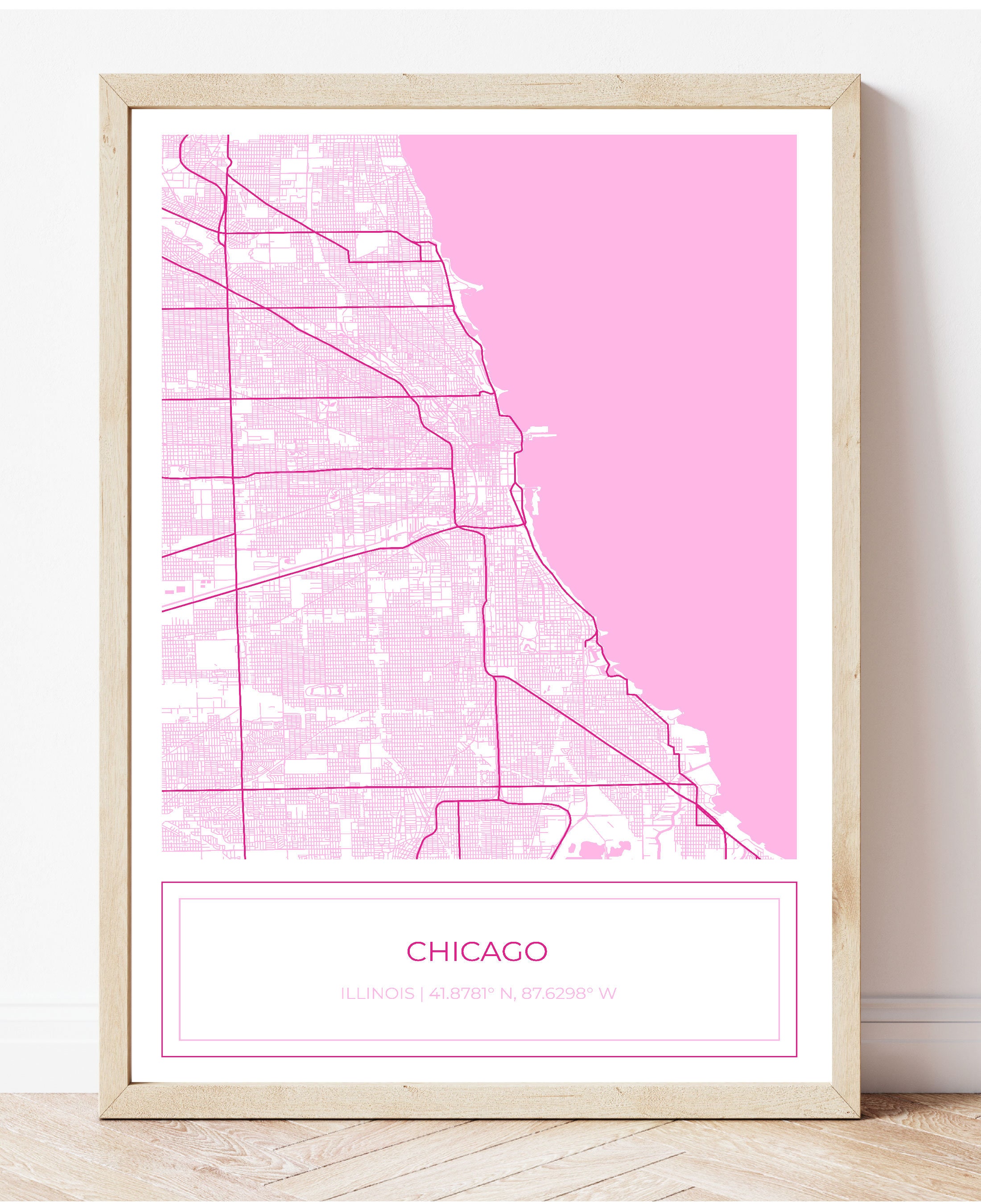 Chicago Map, Map of Chicago, Pink Chicago Map, Chicago Poster, Map of ...