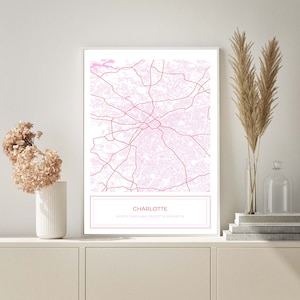 Charlotte Map, Map of Charlotte, Pink Charlotte Map, Charlotte Poster ...