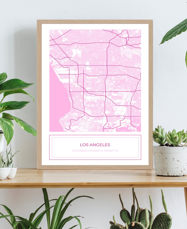 Los Angeles Map, Map of Los Angeles, Pink Los Angeles Map, Poster, City ...