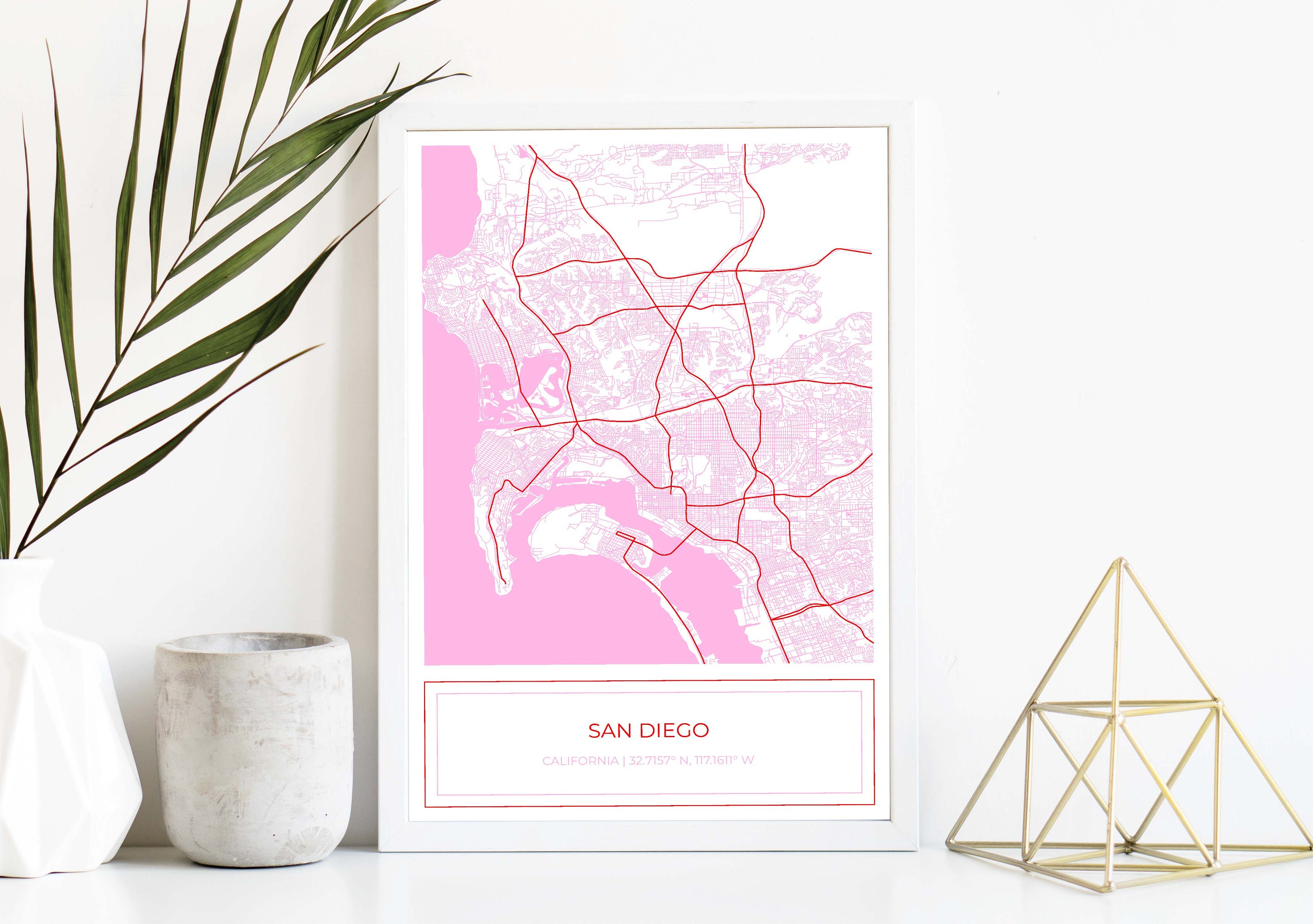 San Diego Map, Map of San Diego, Pink San Diego Map, San Diego Poster ...