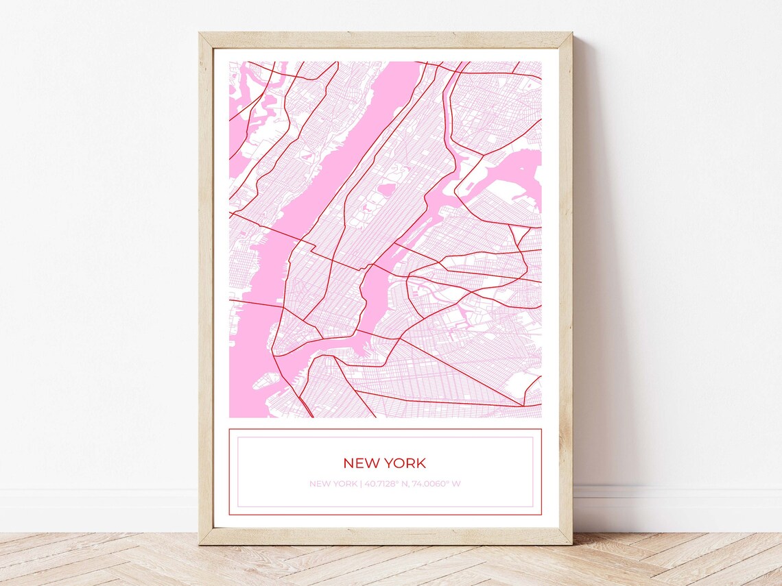New York City Map, Map New York City, Pink Map, New York City Poster ...