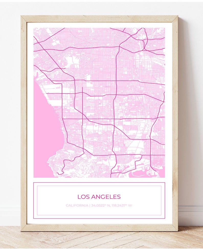Los Angeles Map, Map of Los Angeles, Pink Los Angeles Map, Poster, City ...