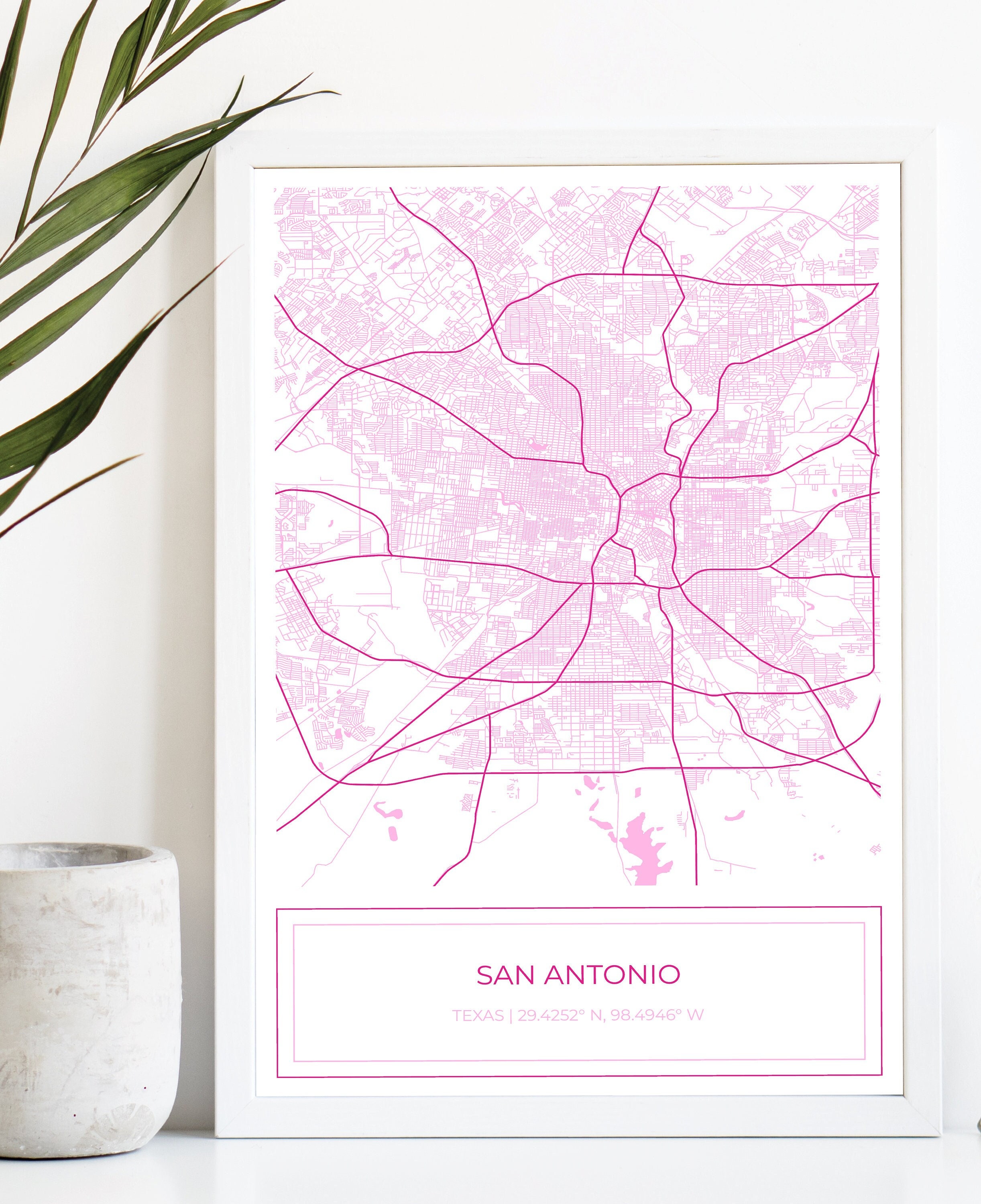 San Antonio Map, Map of San Antonio, Pink San Antonio Map, San Antonio Poster, City Map, San ...