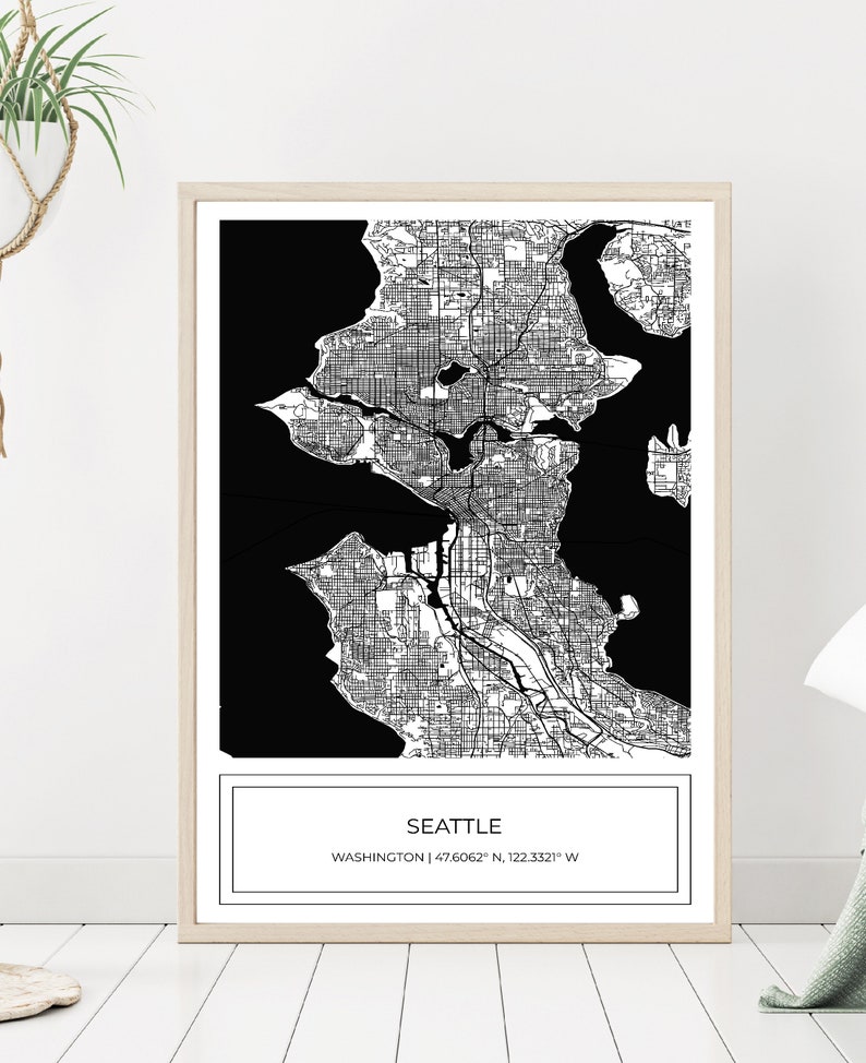 Seattle Map, Minimalist Map, Black Seattle Map, Seattle Poster, Map of ...