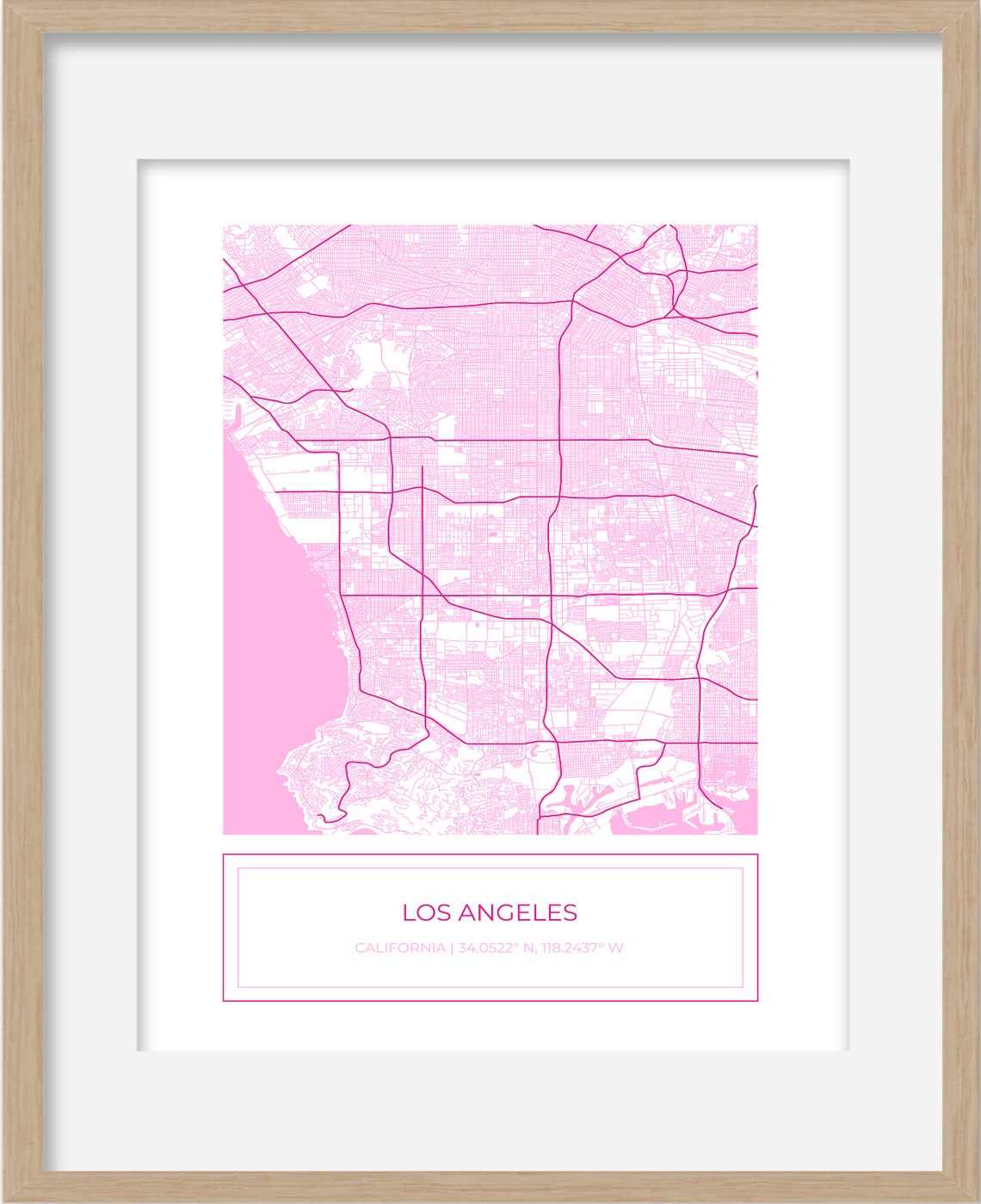 Los Angeles Map, Map of Los Angeles, Pink Los Angeles Map, Poster, City ...