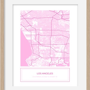 Los Angeles Map, Map of Los Angeles, Pink Los Angeles Map, Poster, City ...