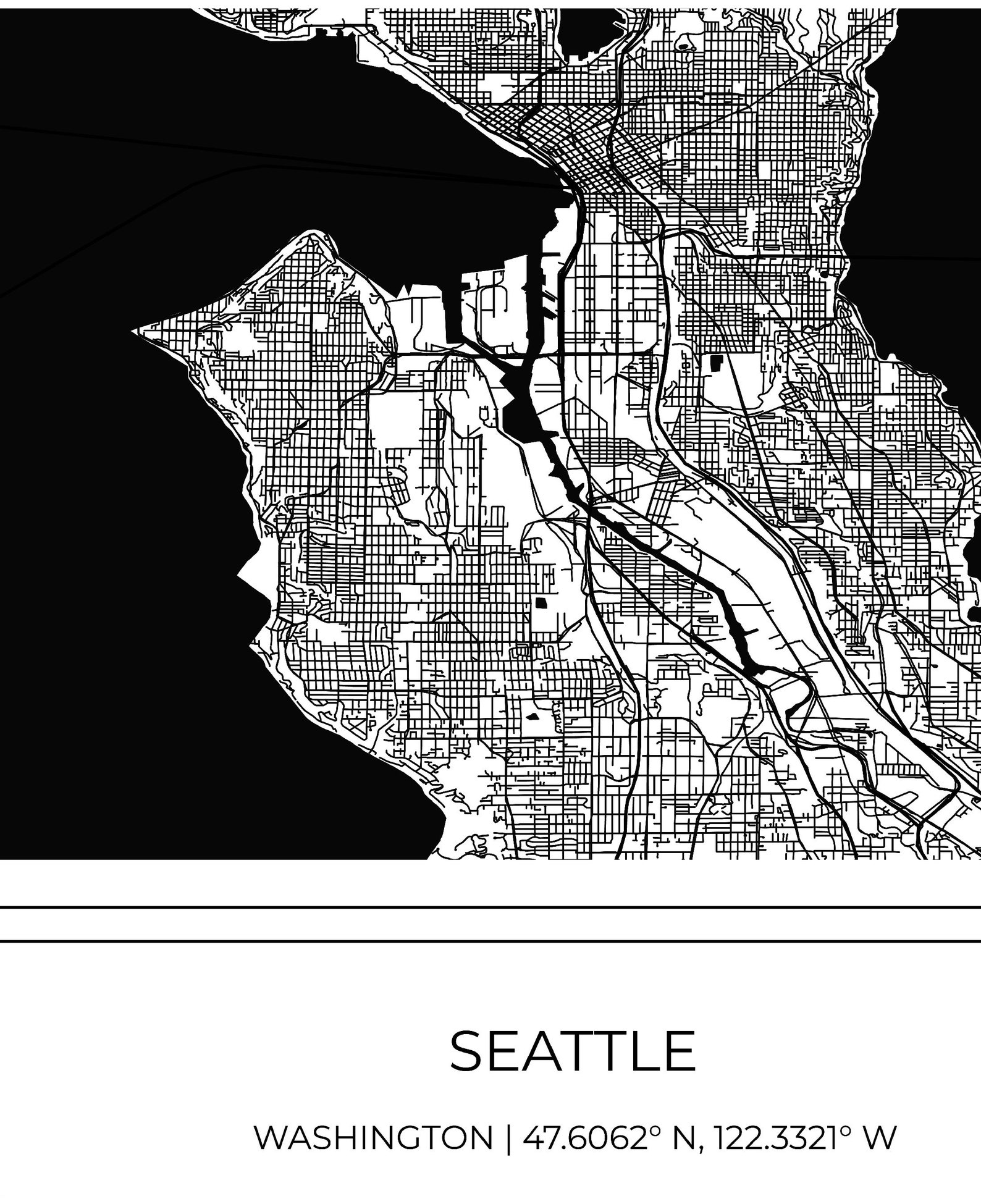 Seattle Map, Minimalist Map, Black Seattle Map, Seattle Poster, Map of ...