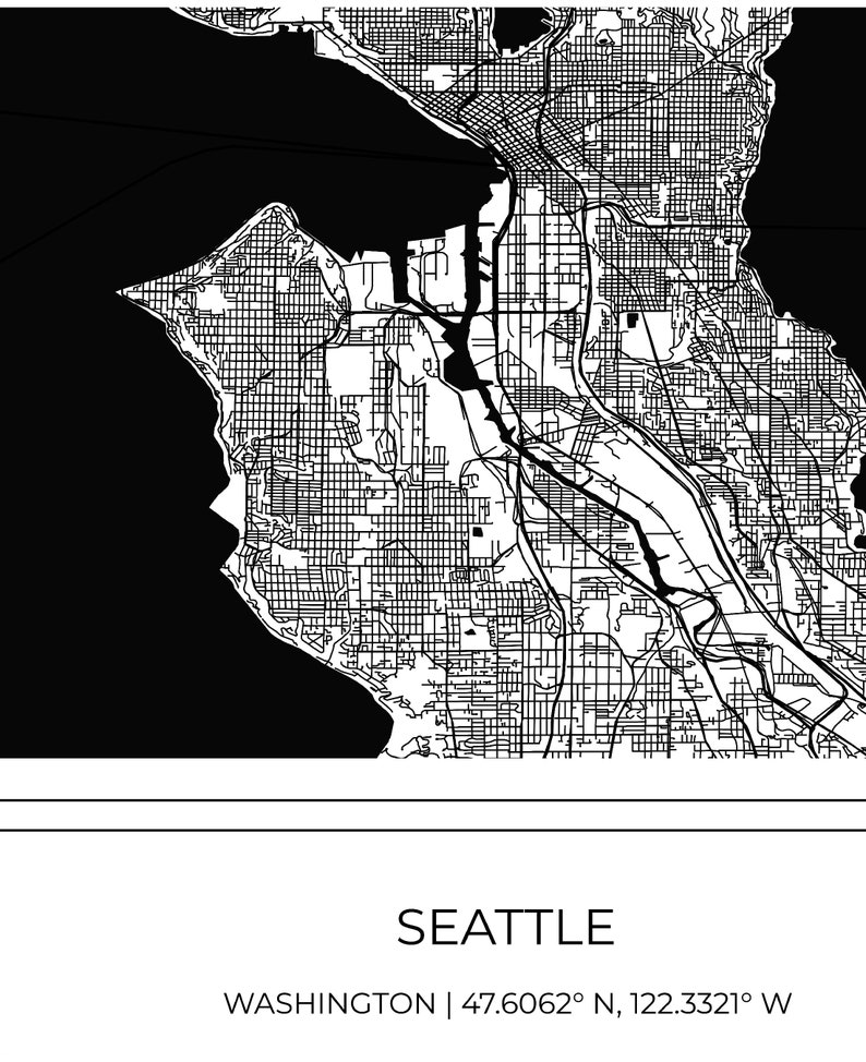 Seattle Map, Minimalist Map, Black Seattle Map, Seattle Poster, Map of ...