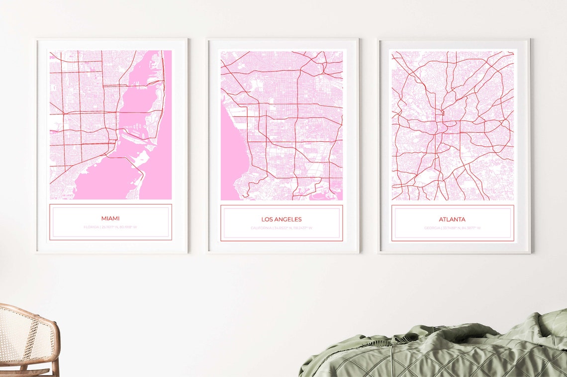 Miami Map, Map of Miami, Pink Miami Map, Miami Poster, Map of Miami ...