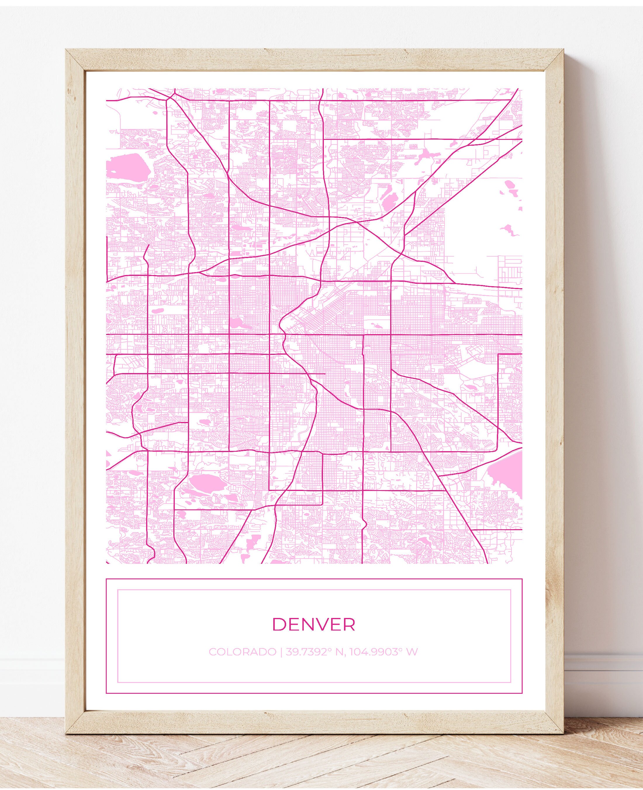 Mapa de Denver, Mapa de Denver, Mapa rosa de Denver, Cartel de Denver ...