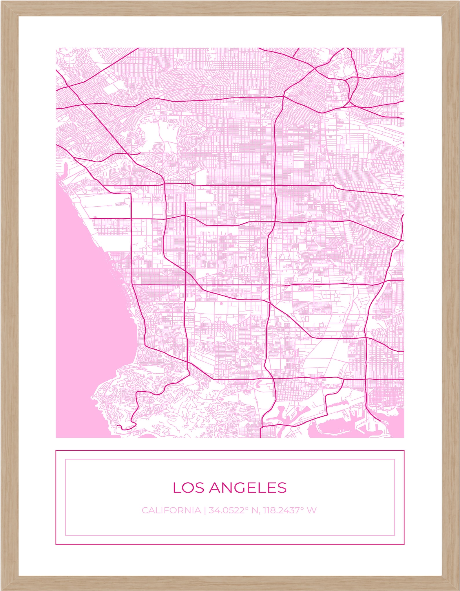 Los Angeles Map, Map of Los Angeles, Pink Los Angeles Map, Poster, City ...