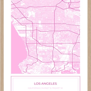 Los Angeles Map, Map of Los Angeles, Pink Los Angeles Map, Poster, City ...