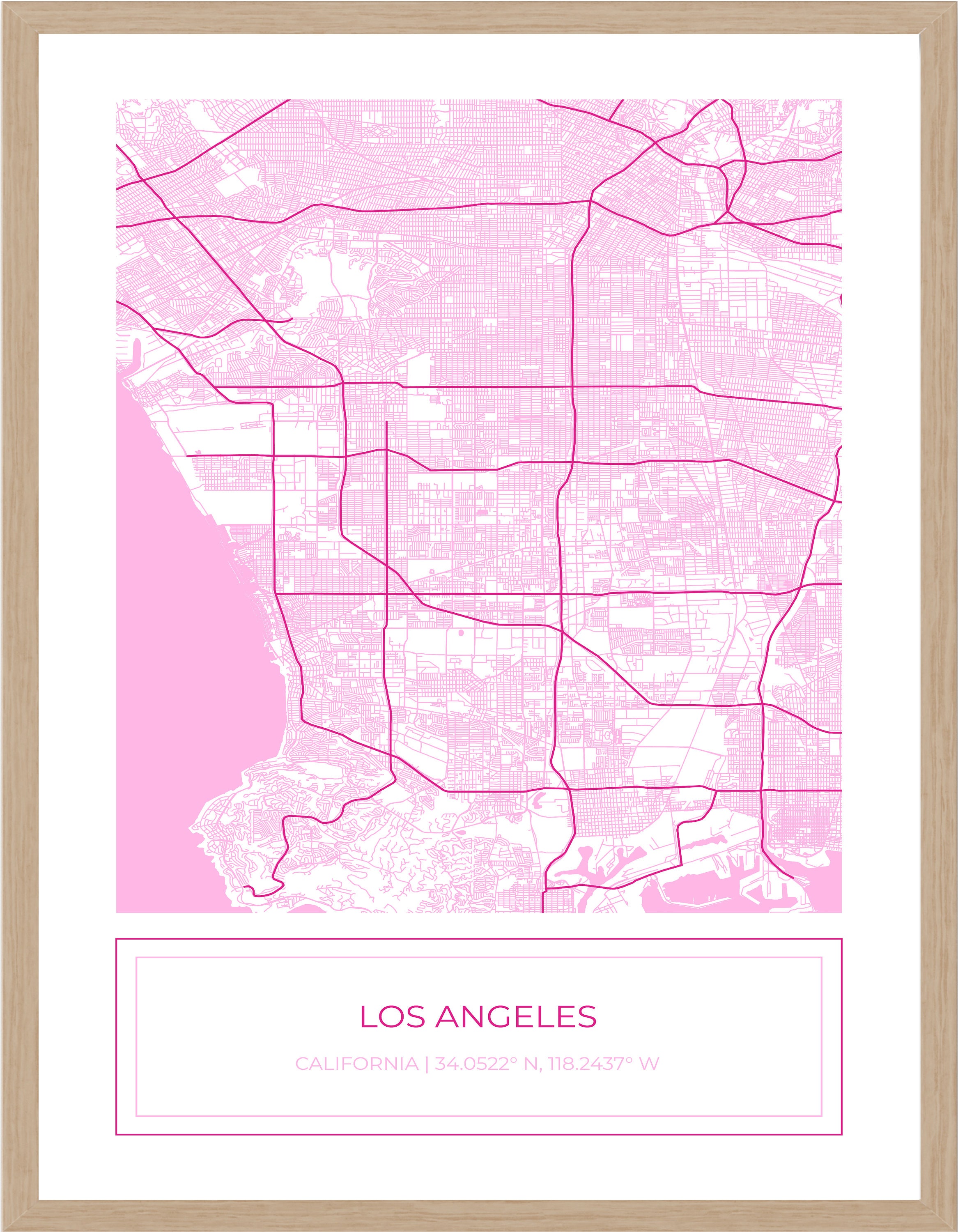 Los Angeles Map, Map of Los Angeles, Pink Los Angeles Map, Poster, City ...