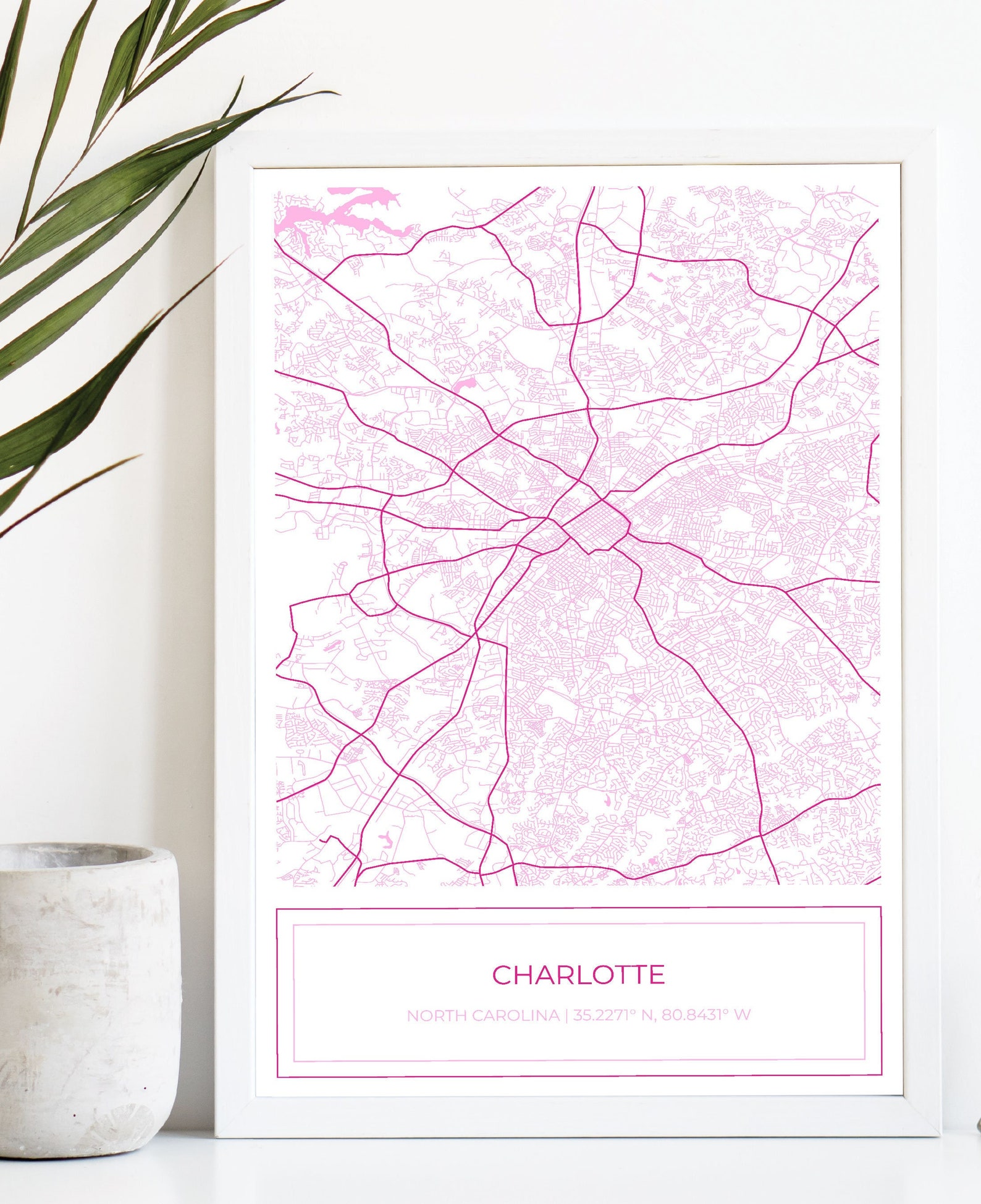 Charlotte Map, Map of Charlotte, Pink Charlotte Map, Poster, Map of ...