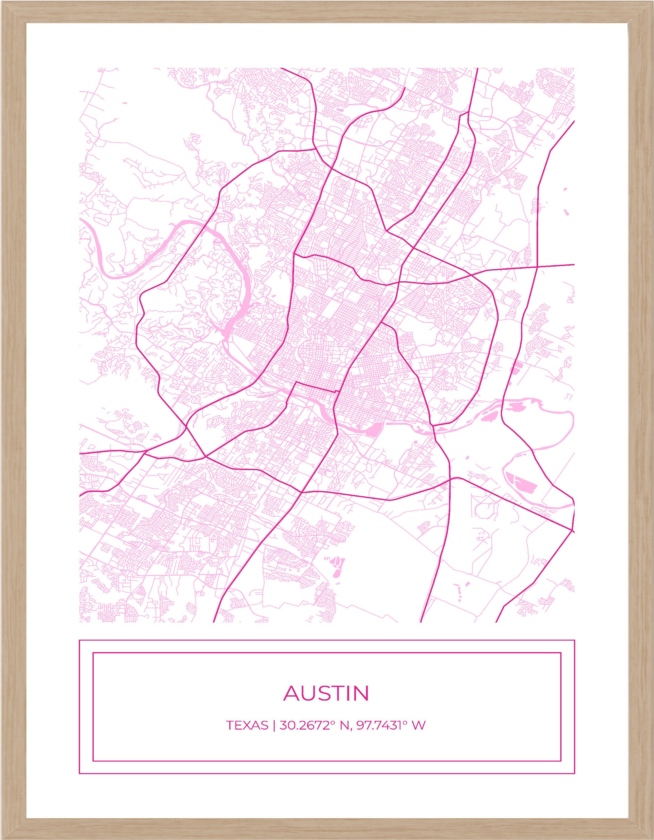 Austin Map, Map of Austin, Pink Austin Map, Austin Poster, Map of ...