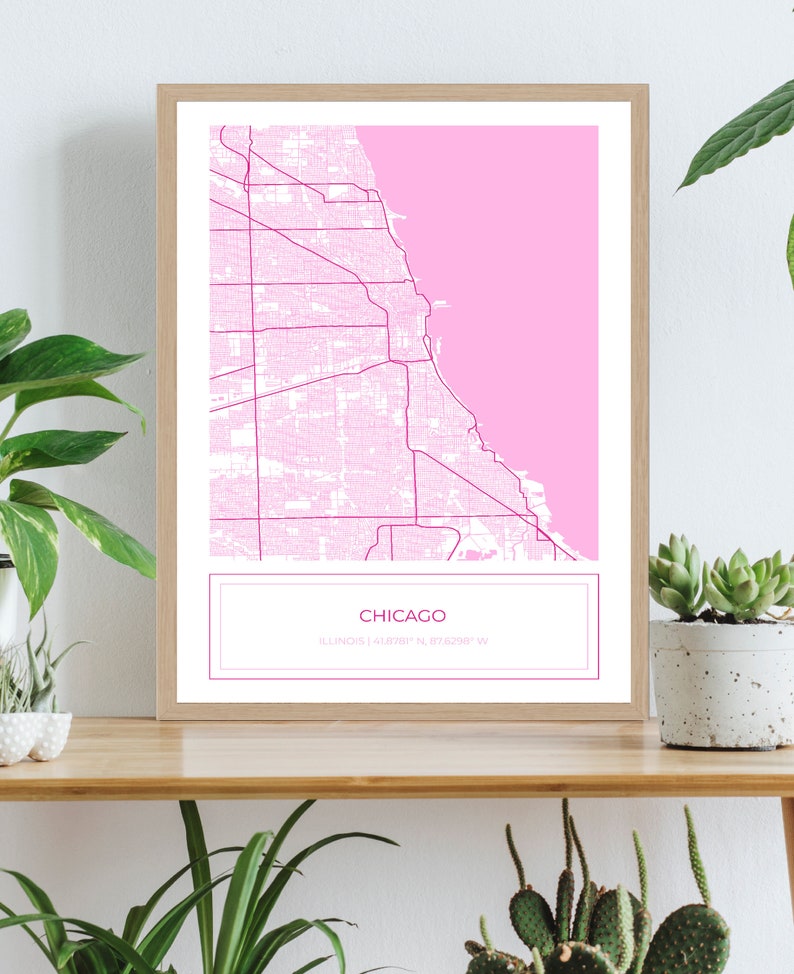 Chicago Map, Map of Chicago, Pink Chicago Map, Chicago Poster, Map of ...