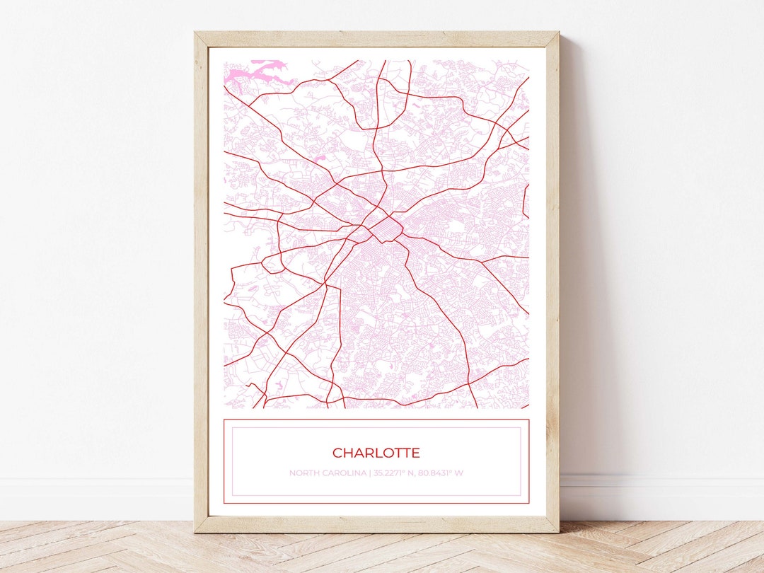 Charlotte Map, Map of Charlotte, Pink Charlotte Map, Charlotte Poster ...