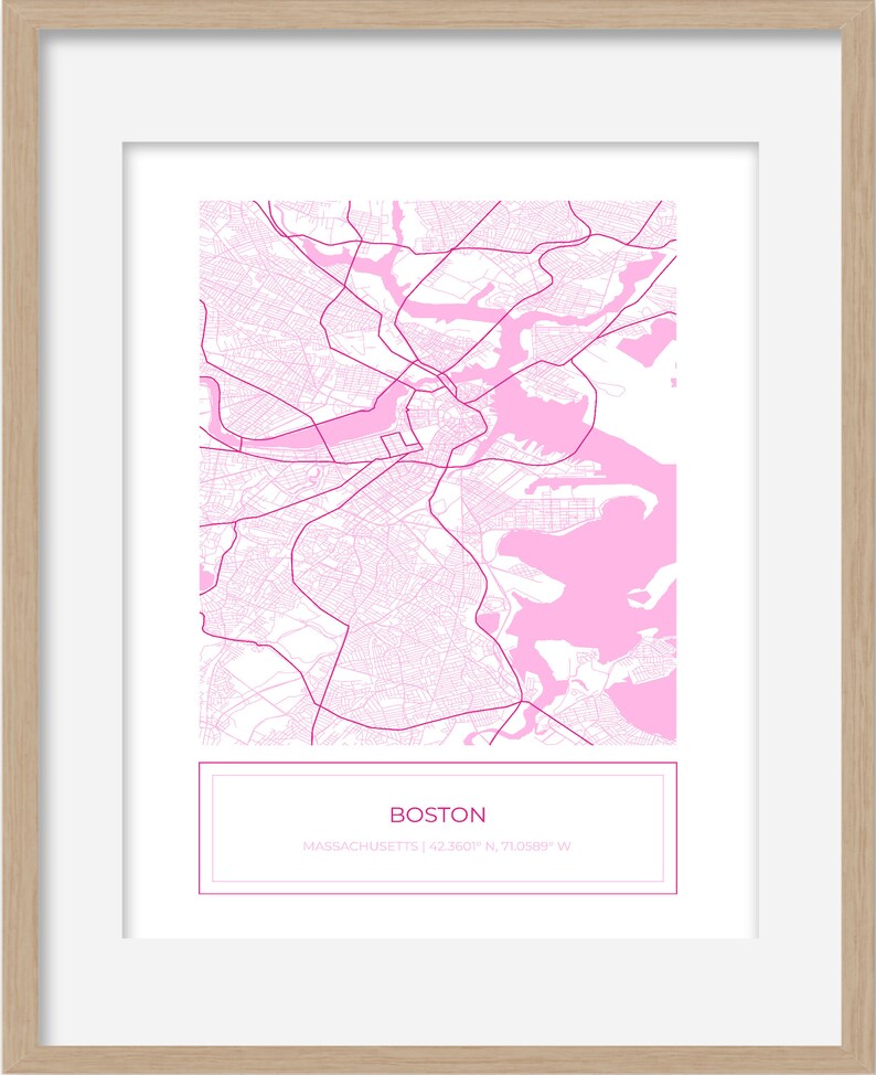 Boston Map, Map of Boston, Pink Boston Map, Boston Poster, Map of ...