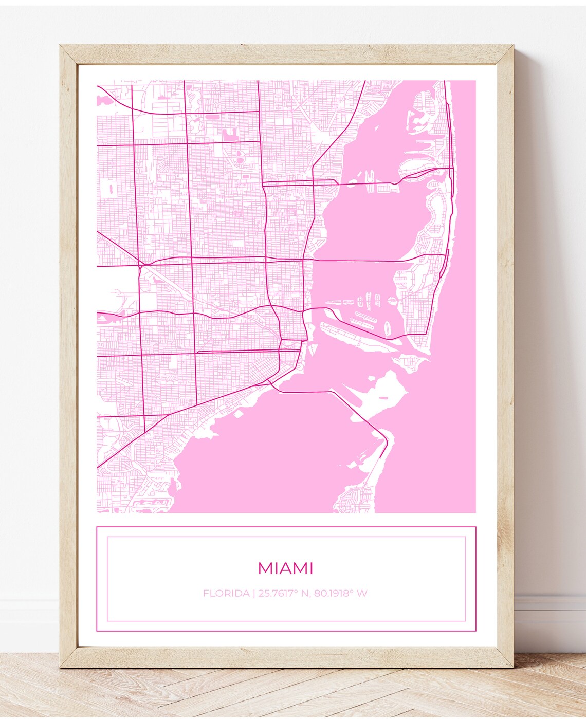 Miami Map, Map of Miami, Pink Miami Map, Miami Poster, Map of Miami ...