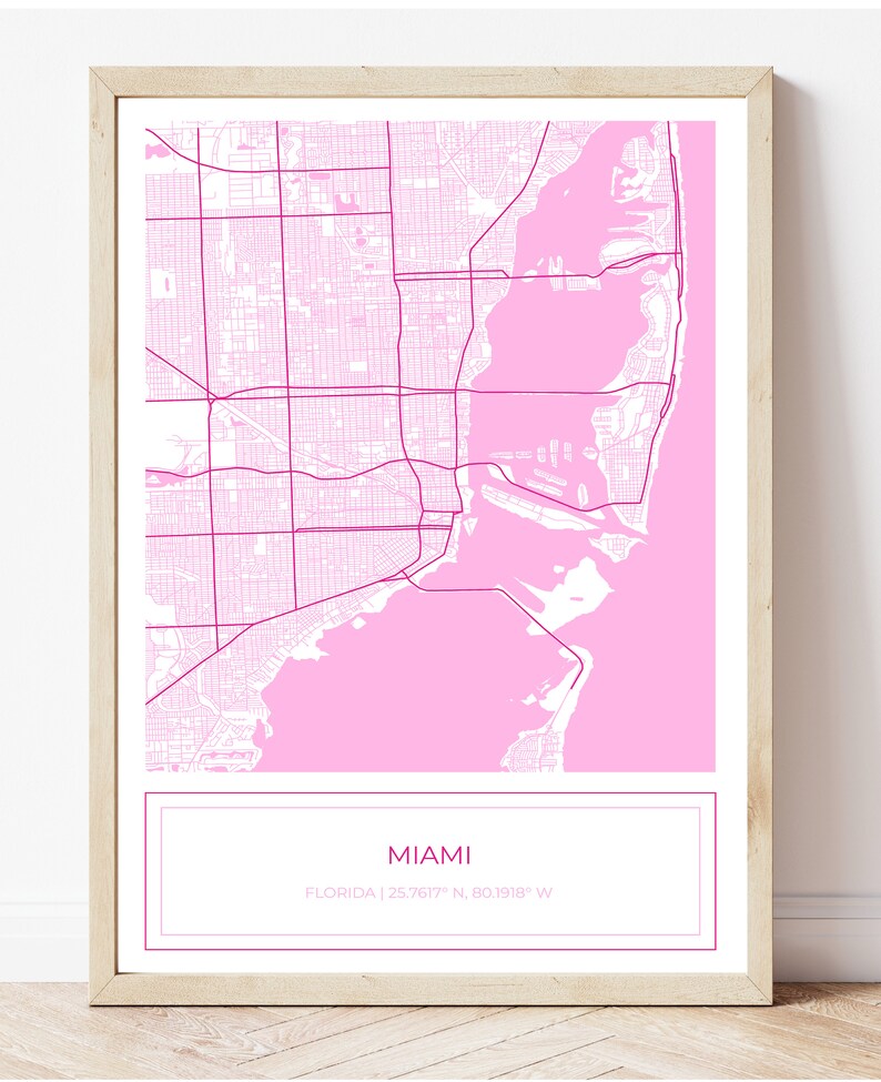 Miami Map, Map of Miami, Pink Miami Map, Miami Poster, Map of Miami ...