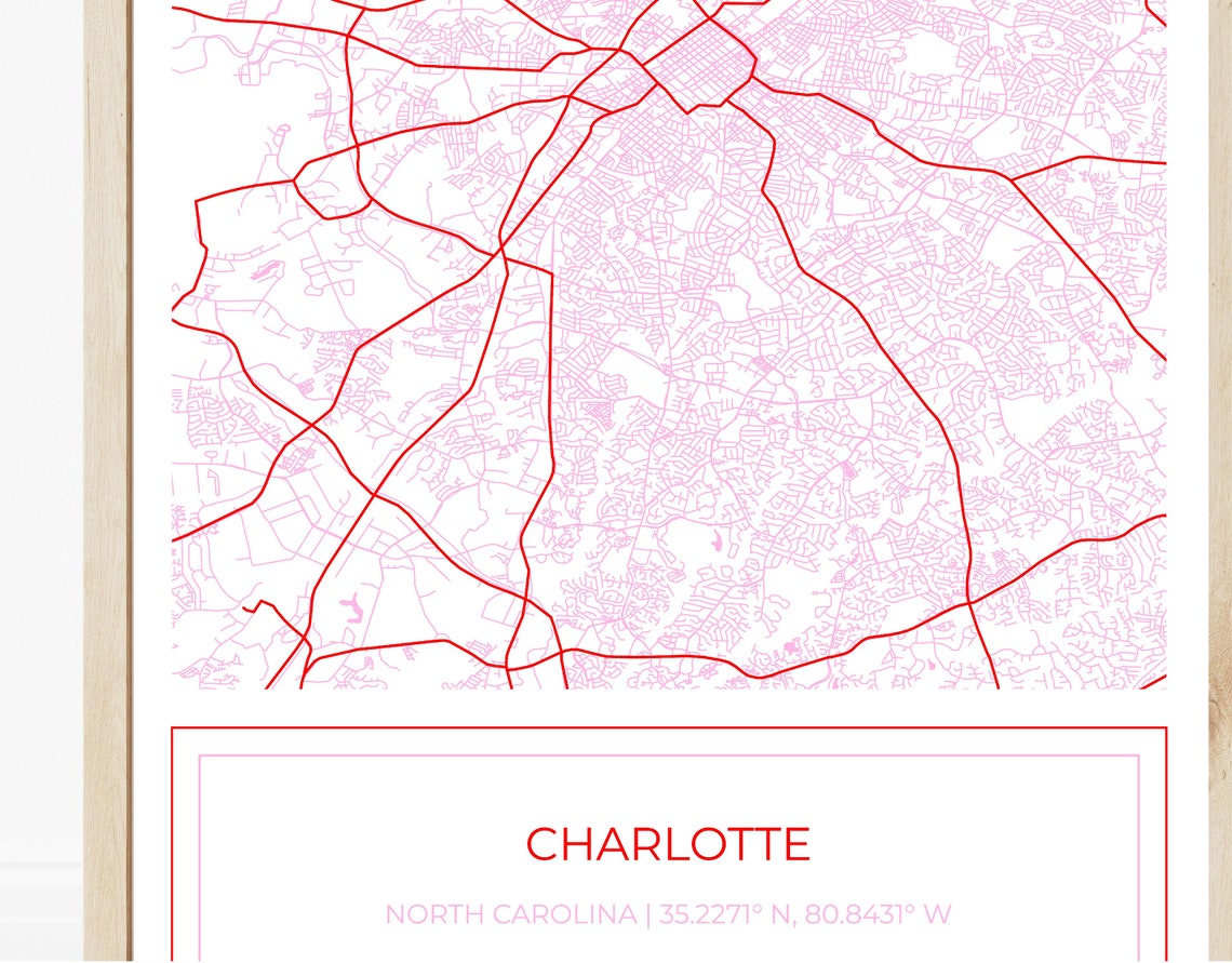 Charlotte Map, Map of Charlotte, Pink Charlotte Map, Charlotte Poster ...