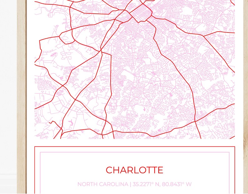 Charlotte Map, Map of Charlotte, Pink Charlotte Map, Charlotte Poster ...