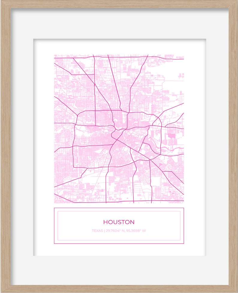 Houston Map, Map of Houston, Pink Houston Map, Houston Poster, Houston ...
