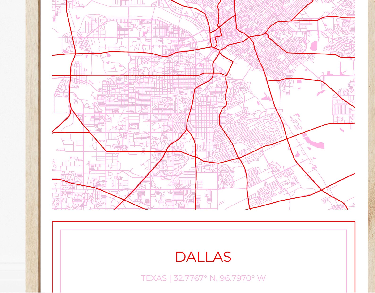 Dallas Map, Map of Dallas, Pink Dallas Map, Dallas Poster, Map of ...
