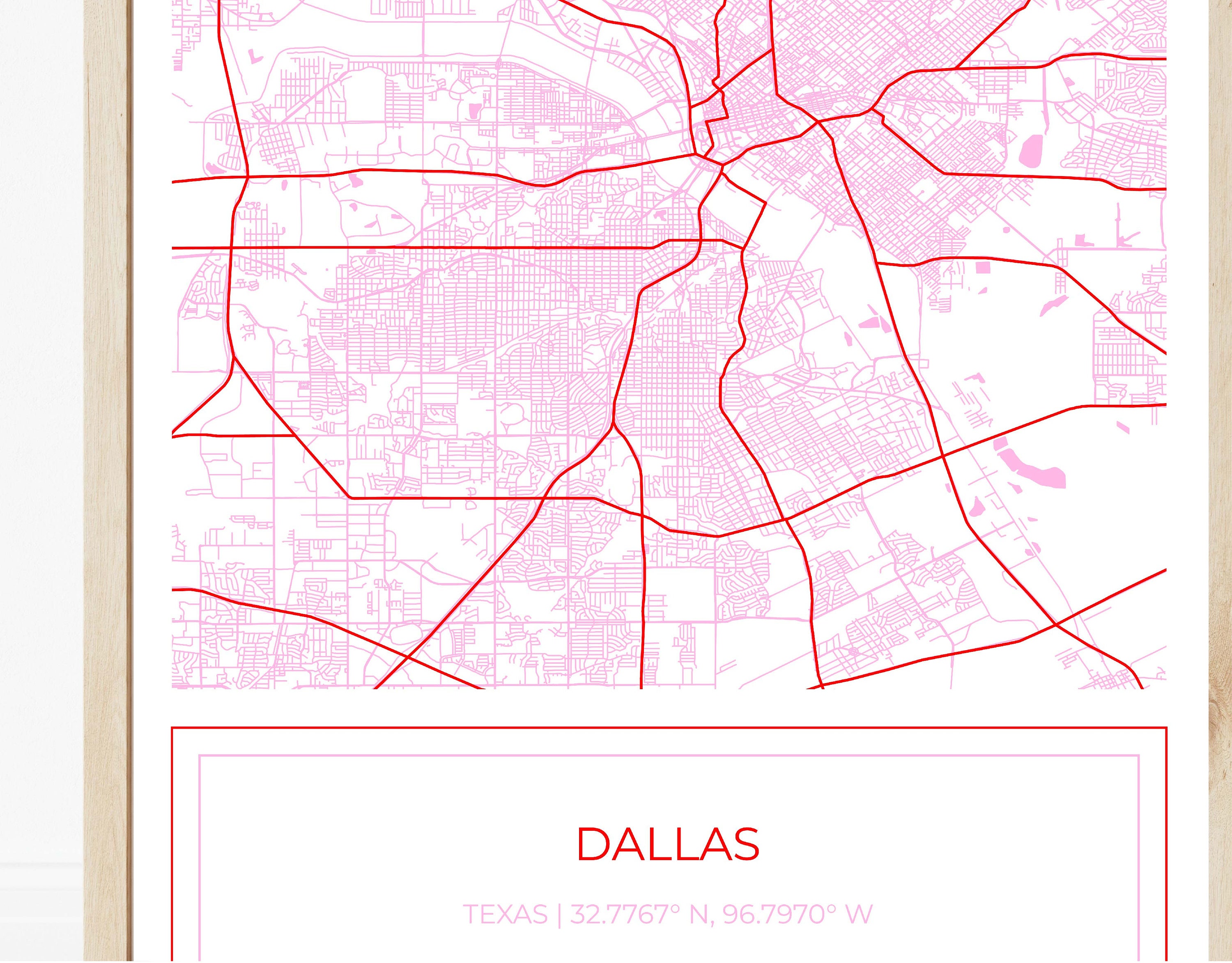 Mapa de Dallas, Mapa de Dallas, Mapa rosa de Dallas, Cartel de Dallas ...