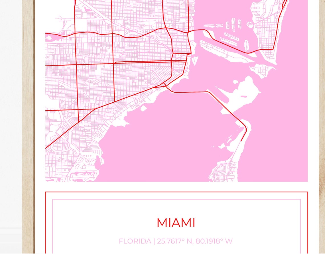 Miami Map, Map of Miami, Pink Miami Map, Miami Poster, Map of Miami ...