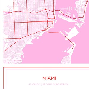Miami Map, Map of Miami, Pink Miami Map, Miami Poster, Map of Miami ...