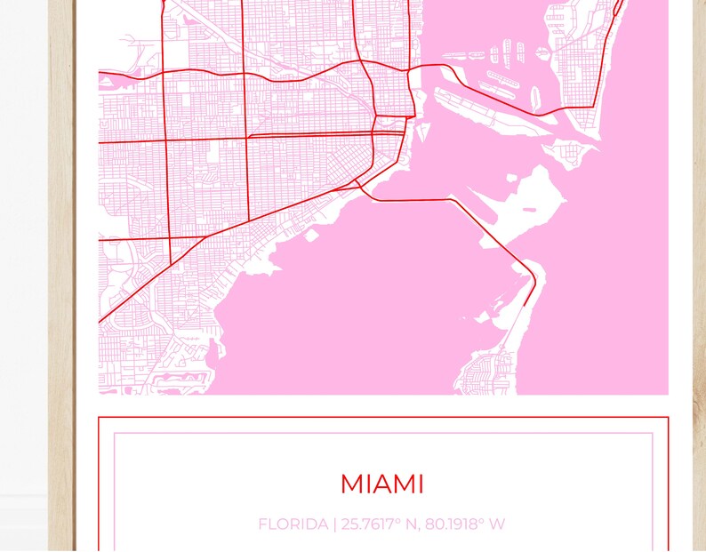 Miami Map, Map of Miami, Pink Miami Map, Miami Poster, Map of Miami ...