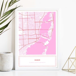 Miami Map, Map of Miami, Pink Miami Map, Miami Poster, Map of Miami ...