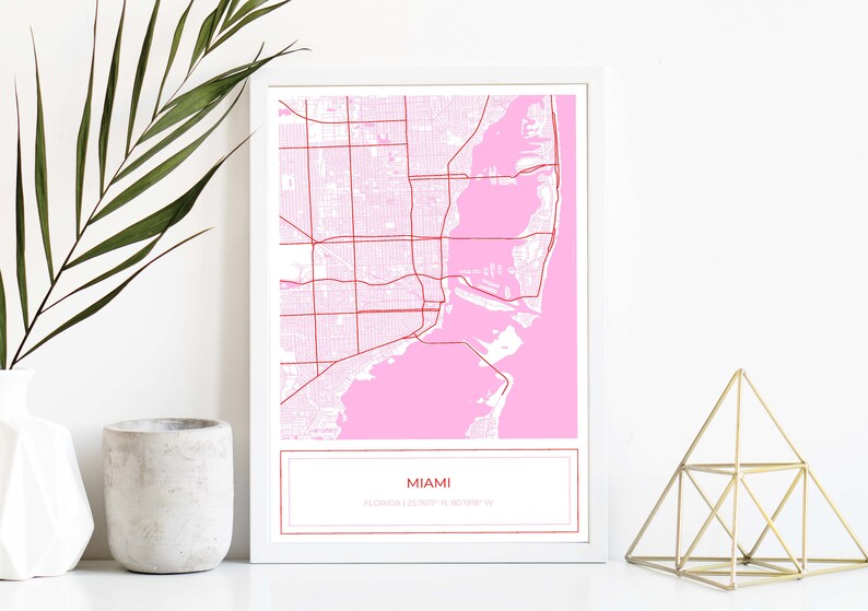Miami Map, Map of Miami, Pink Miami Map, Miami Poster, Map of Miami ...