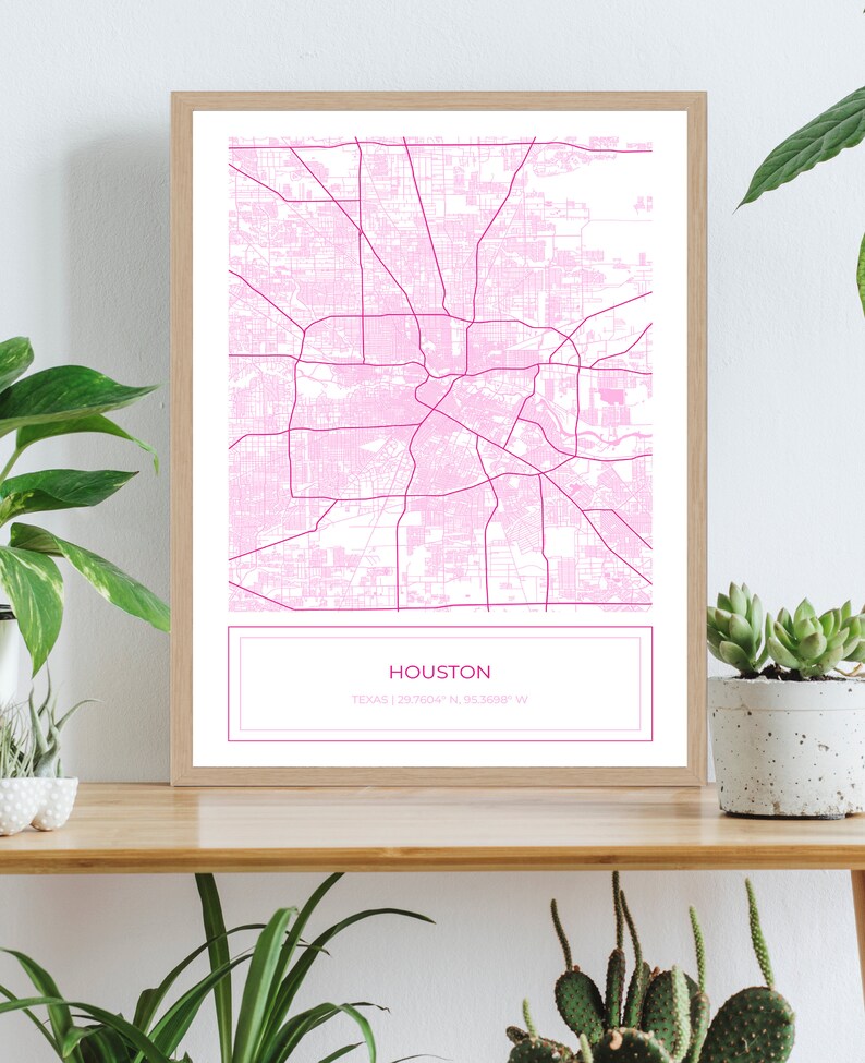 Houston Map, Map of Houston, Pink Houston Map, Houston Poster, Houston ...