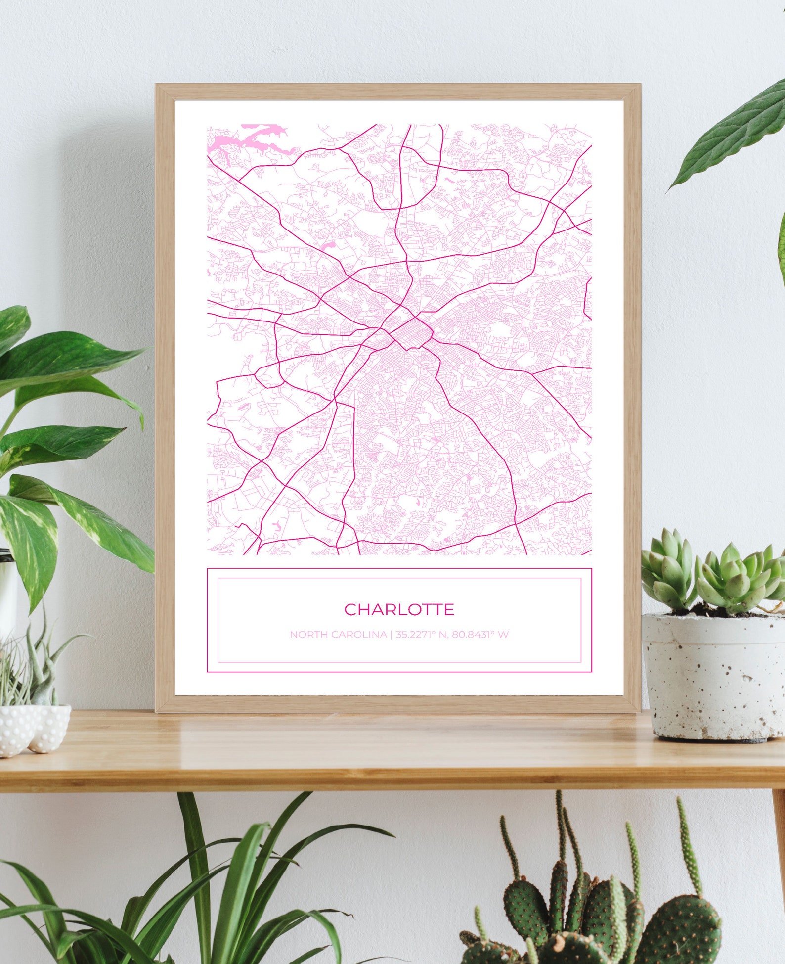 Charlotte Map, Map of Charlotte, Pink Charlotte Map, Poster, Map of ...