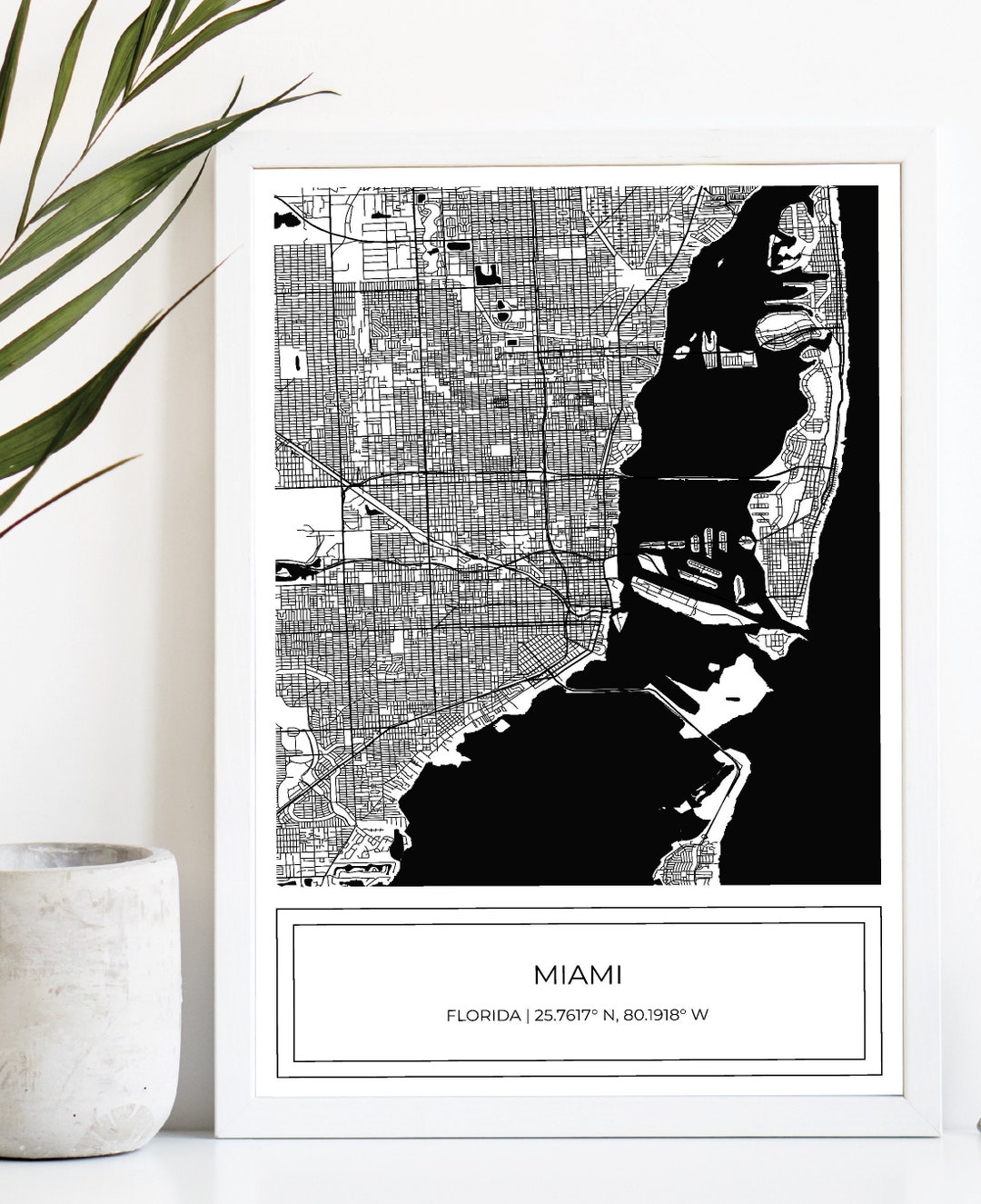 Miami Map, Map of Miami, Black White Miami Map, Miami Poster, Map of ...