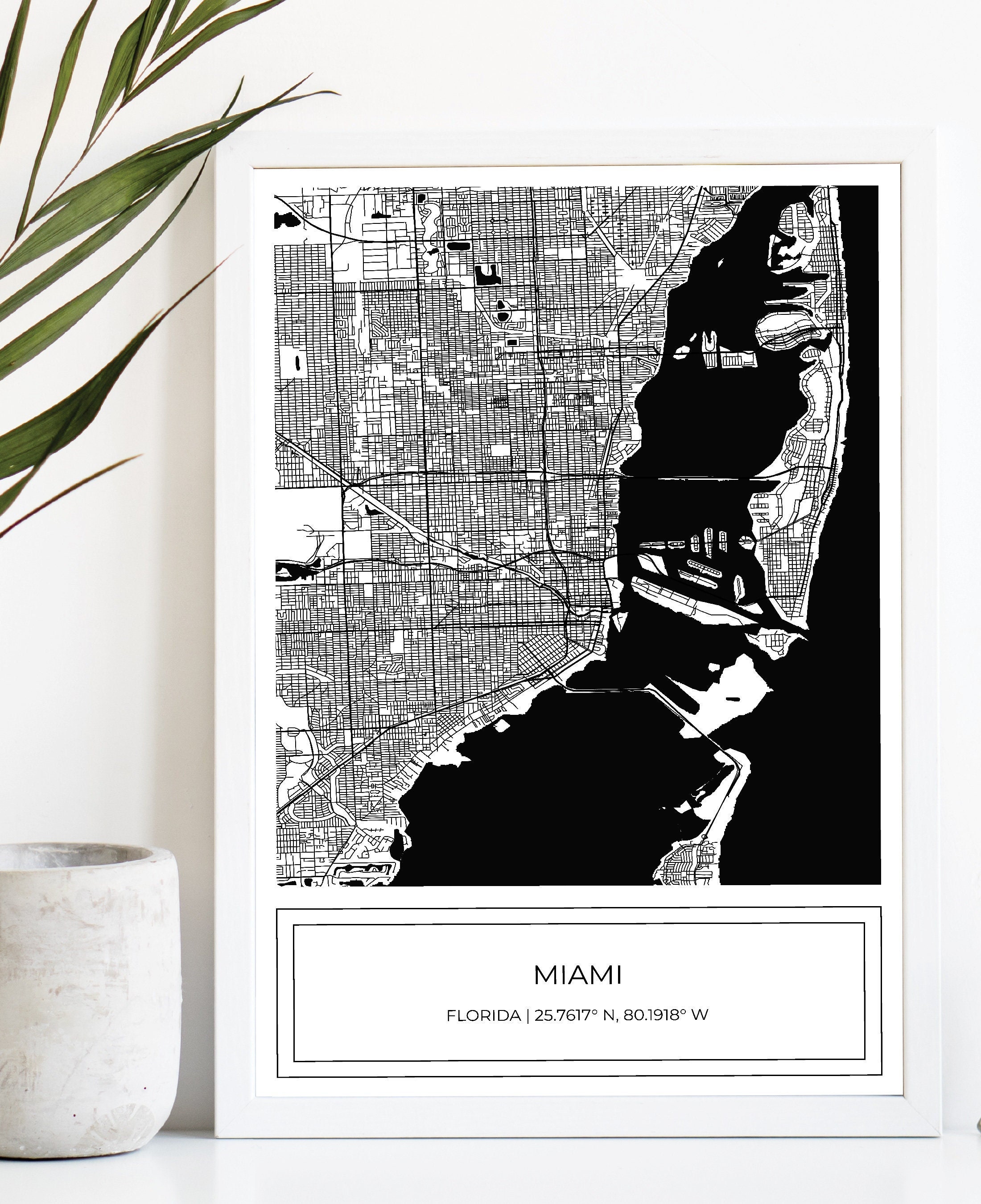 Miami Map, Map of Miami, Black White Miami Map, Miami Poster, Map of ...