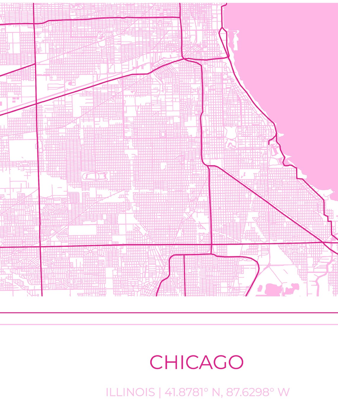 Chicago Map, Map of Chicago, Pink Chicago Map, Chicago Poster, Map of ...