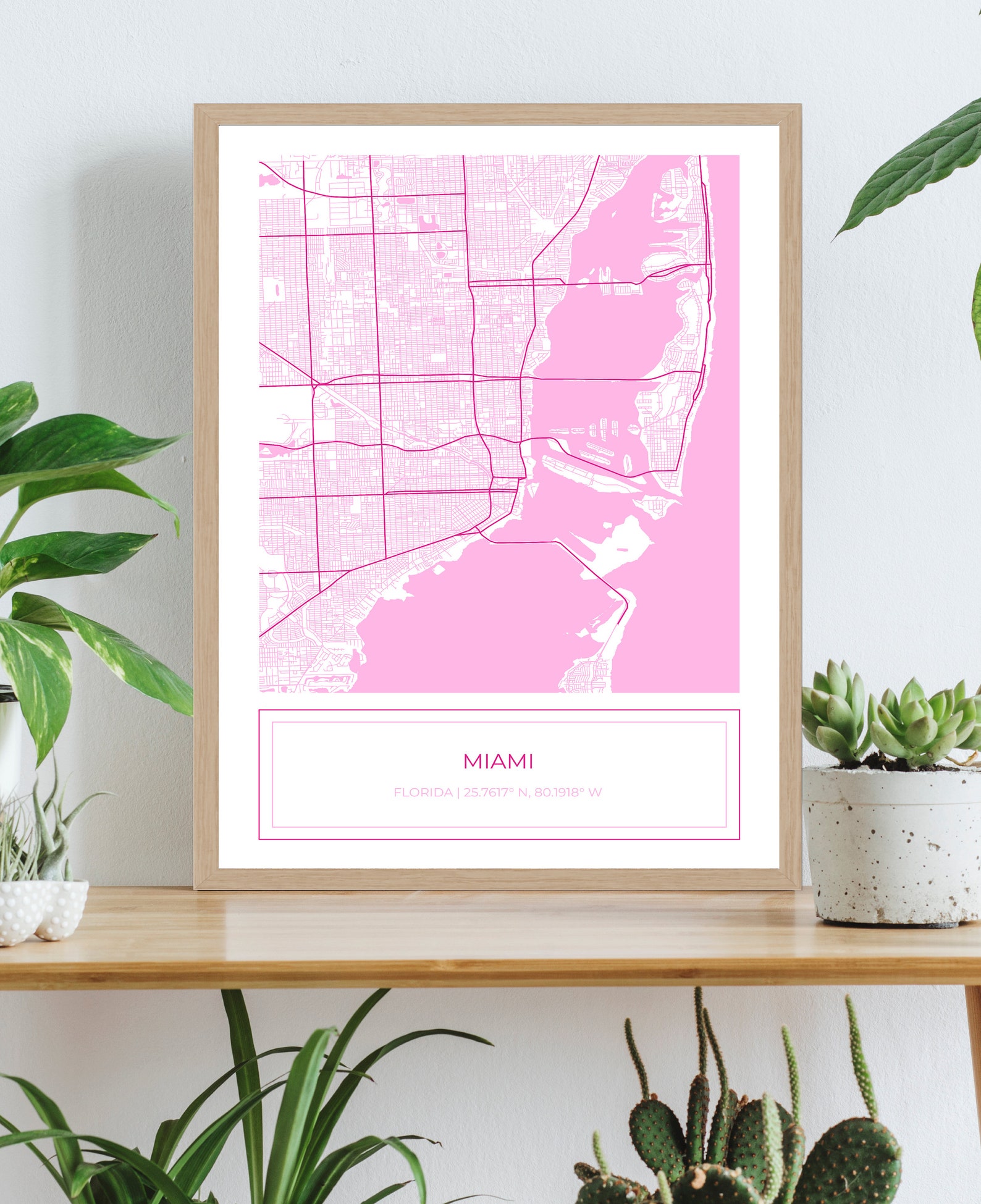 Miami Map, Map of Miami, Pink Miami Map, Miami Poster, Map of Miami ...