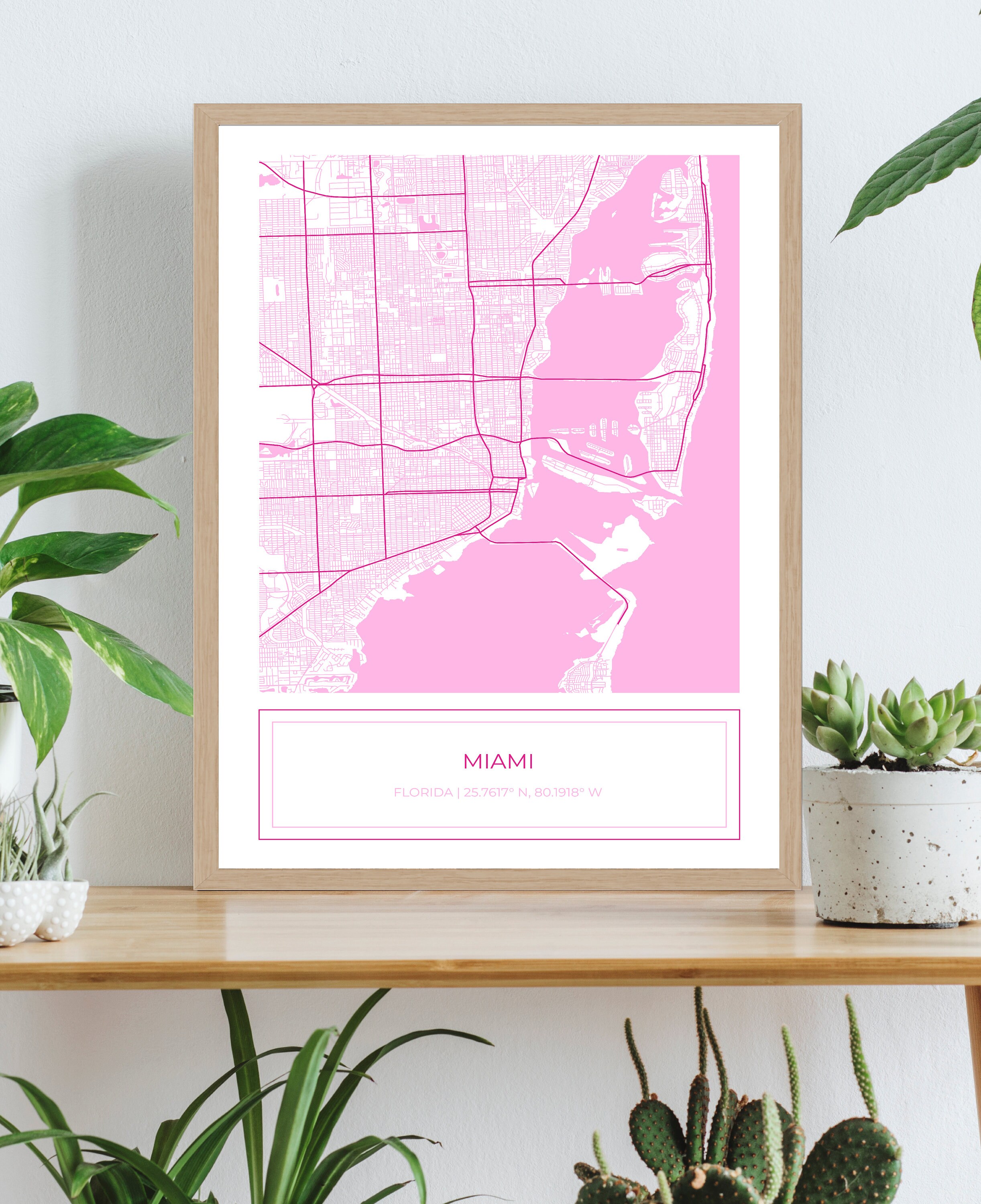 Miami Map, Map of Miami, Pink Miami Map, Miami Poster, Map of Miami ...