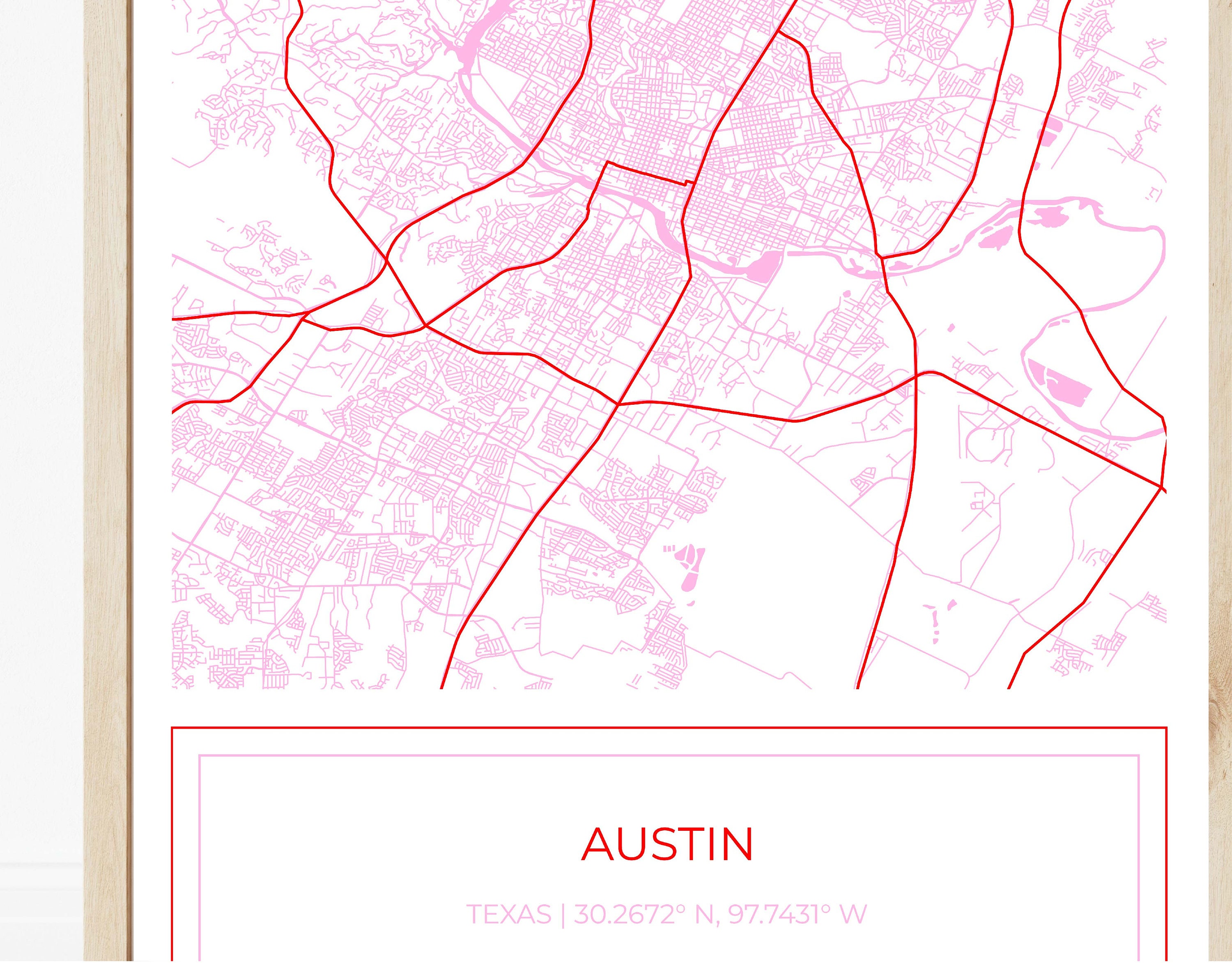 Austin Map, Map of Austin, Pink Austin Map, Austin Poster, Map of ...